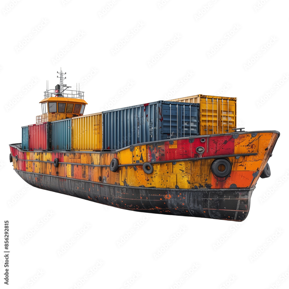 A detailed 3D illustration of a cargo ship loaded with colorful ...
