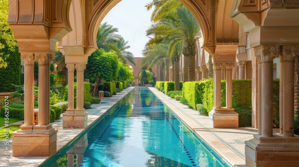 Luxury Resort Oasis: Arabian Palace Gardens with Arches and Pool ...