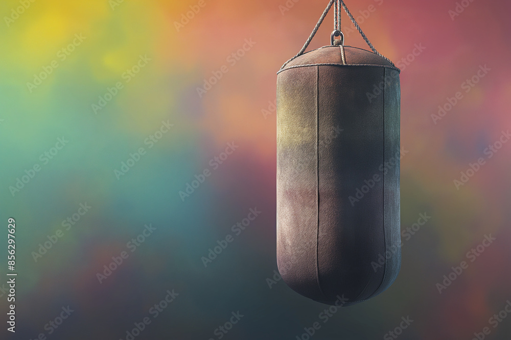 An ultra-realistic image of a punching bag hanging against a colorful ...