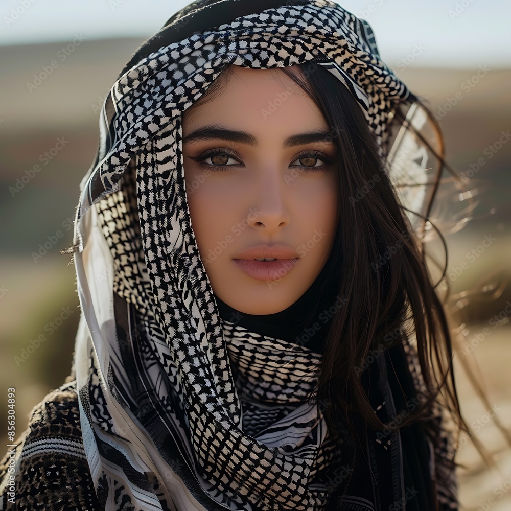 Beautiful young model with dark hair wearing traditional black and ...