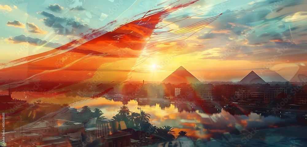 Enchanting multi-exposure of Nile river sunset: Egyptian flag waving ...