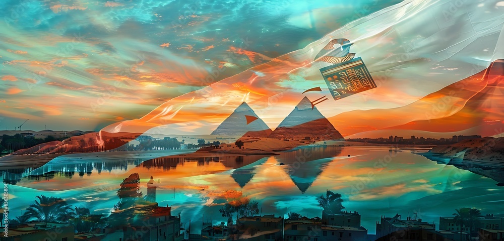 Enchanting multi-exposure of Nile river sunset: Egyptian flag waving ...