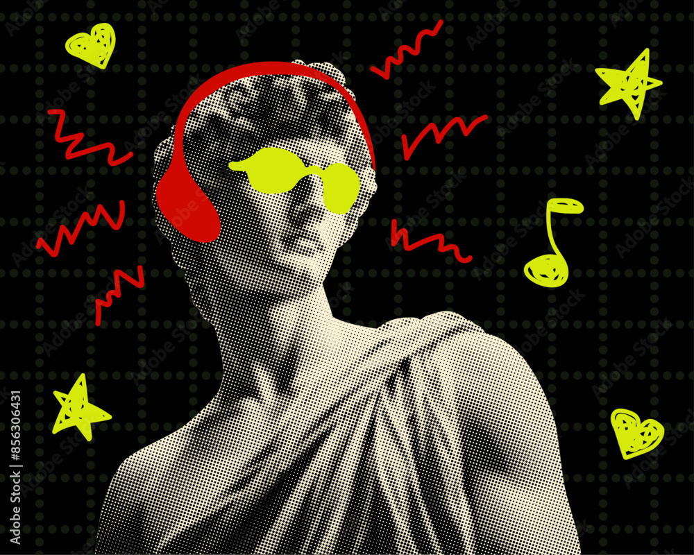 modern music collage design with antique statue of young man retro ...