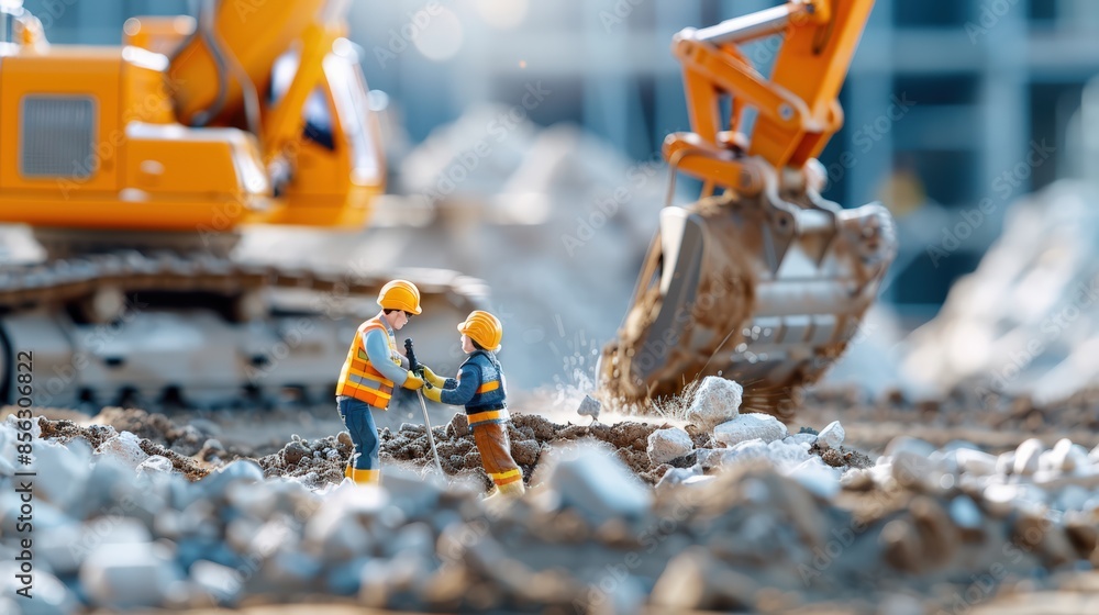 Miniature construction workers with an excavator on a construction site ...