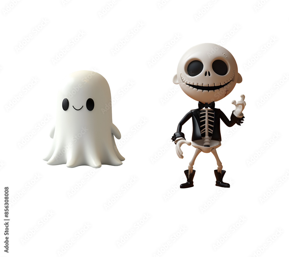Sweet Halloween Ensemble: Ghost and Skeleton, Joyful 3D Cartoon ...