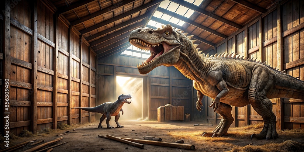 Dinosaur encounter in a rustic barn, dinosaurs, barn, rustic ...