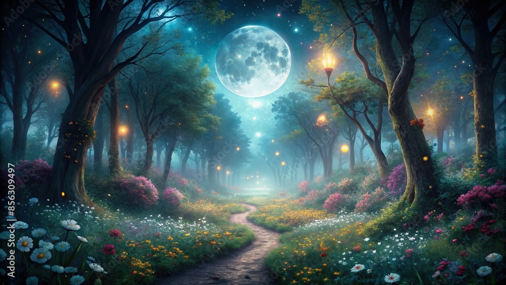 Dark enchanted forest under a full moon with shimmering paths and eerie ...