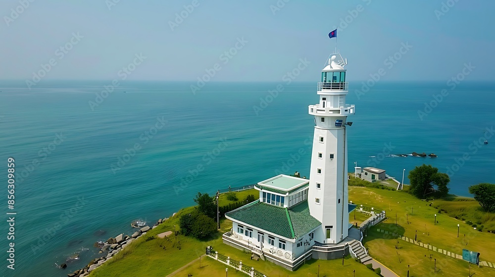 Lighthouse, Korean flag, blue sky, clouds and the sea. Taejongdae is a ...