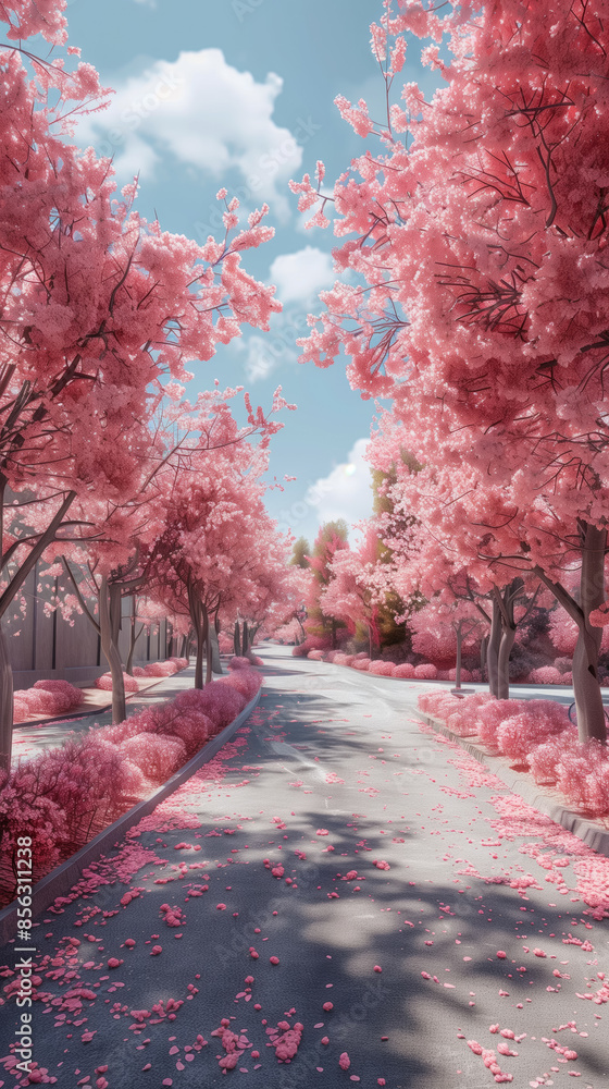 Blooming vibrant pink sakura trees in a garden park. Spring time ...