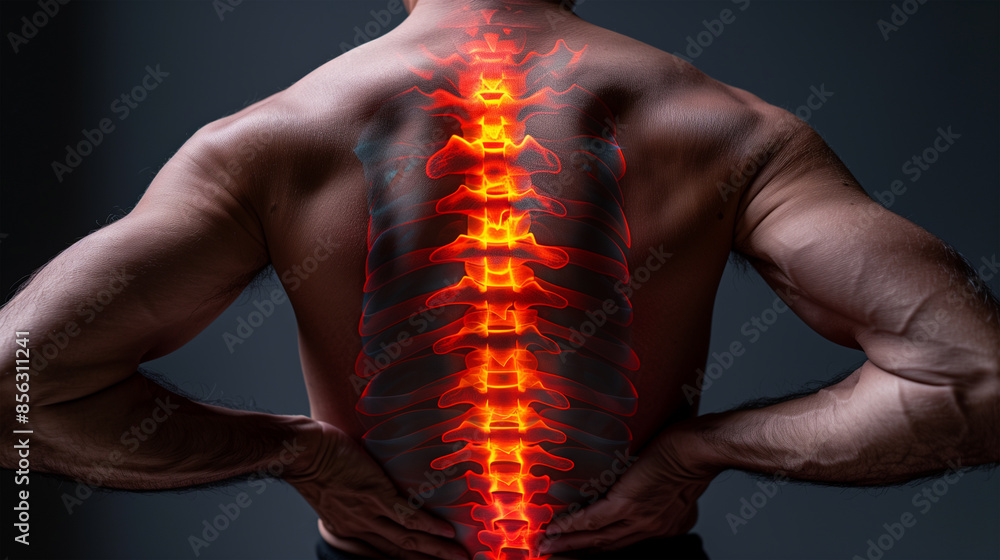 Pain in the lumbar spine and spinal cord. Human back pain, Man with ...