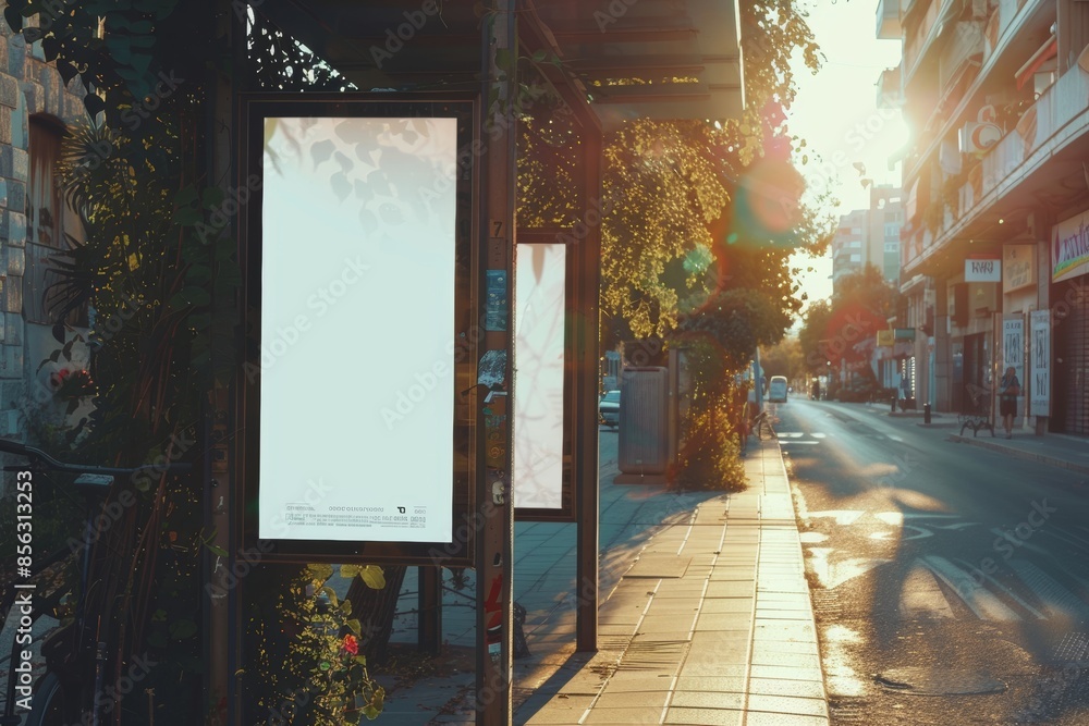 A mockup of two empty poster placeholders inside of an urban bus stop ...