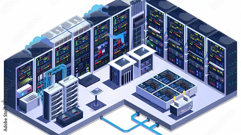 an isometric diorama of a data center room with lots of server racks ...