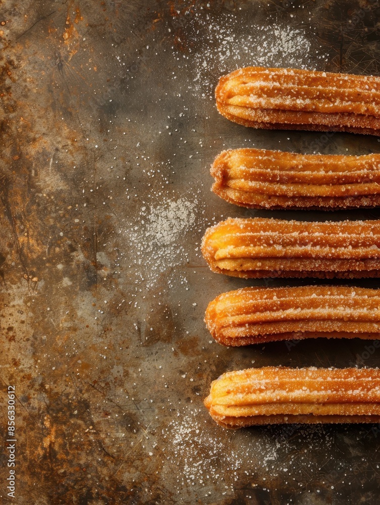 Close-up of churros on a textured, rustic surface with sugar sprinkles ...