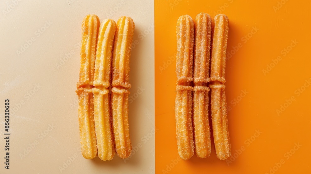 Churros arranged in a stack on a yellow and orange split background ...