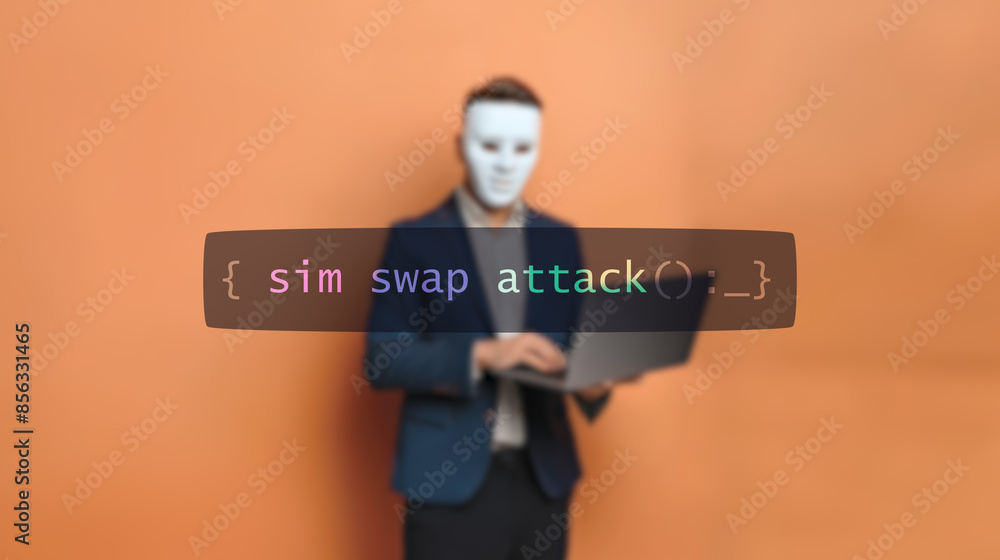 Cybersecurity concept sim swap attack on foreground screen, hacker silhouette hidden with low ...