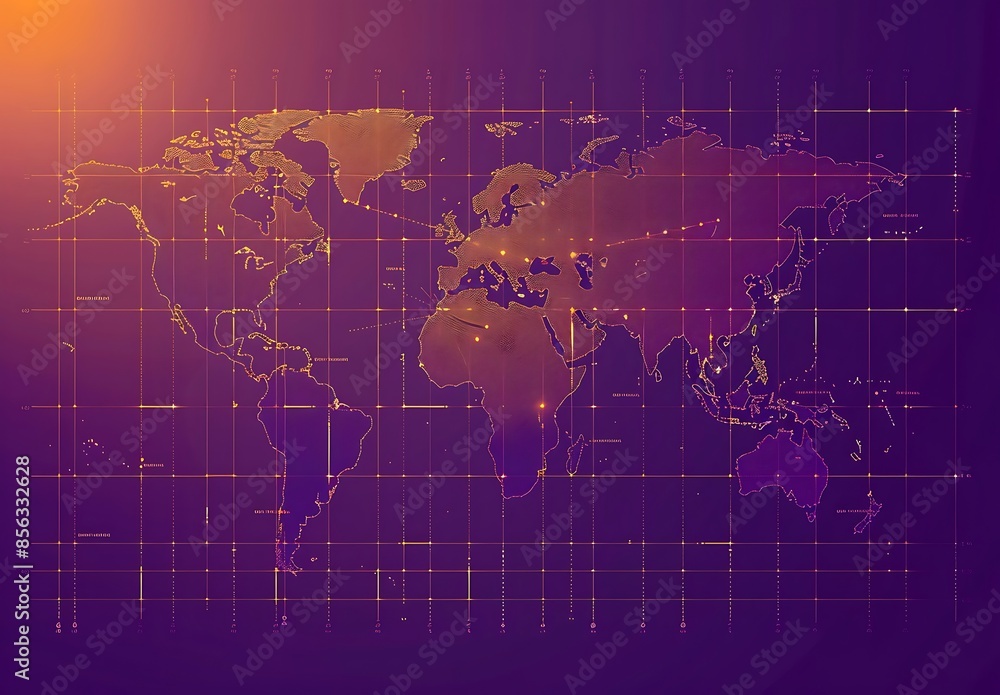 Distorted Map of the World on Purple Background with Orange Gradient ...