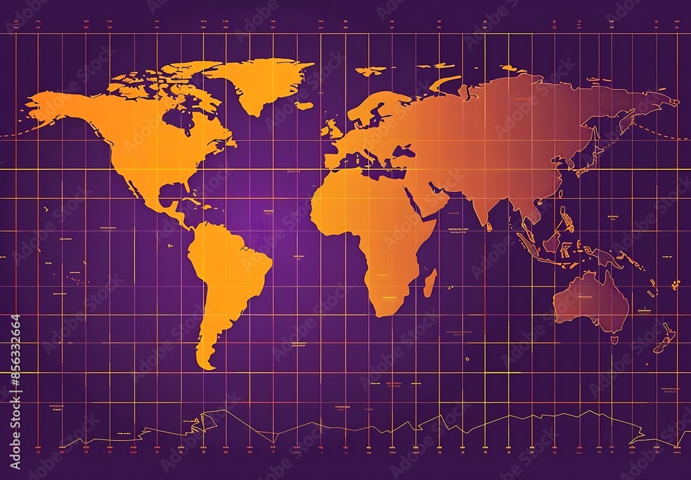 Distorted Map of the World on Purple Background with Orange Gradient ...