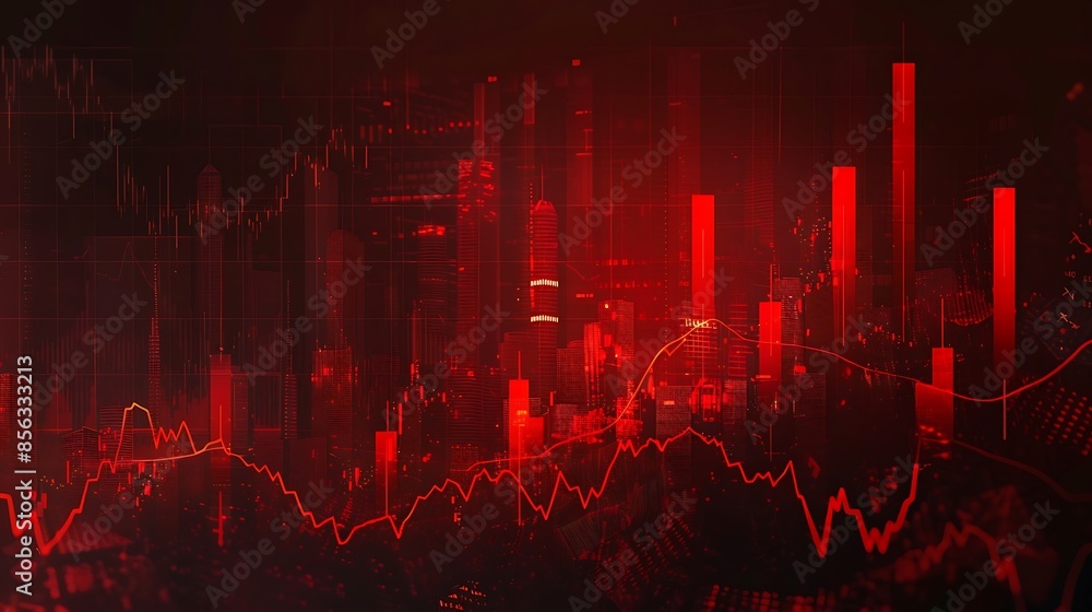 Red financial stock market graph with rising bar chart on dark ...