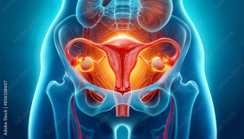 3D medical illustration of the female reproductive system highlighting the uterus and ovaries ...