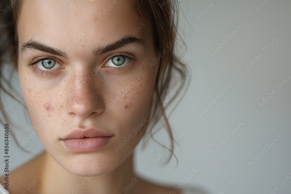 Confident young woman with freckles and acne poses naturally in a ...
