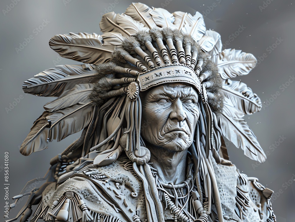 Sculpt a lifelike statue of a Native American chief wearing traditional ...