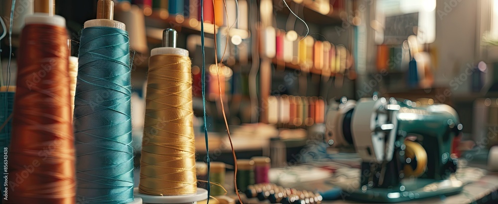Tools on table in tailoring atelier, pins and threads used for ...