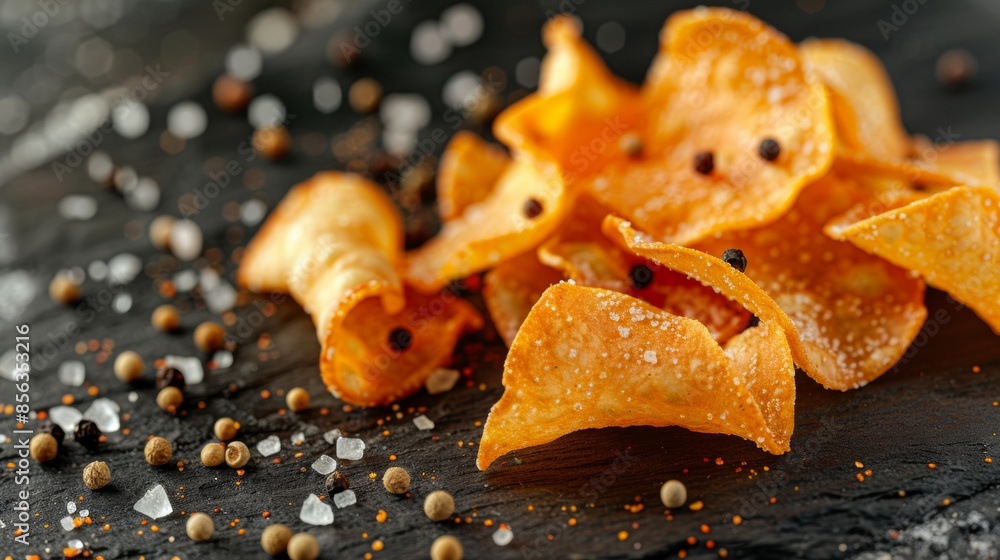 Tapioca chip slices spin and flip dramatically, showered in sparkling ...