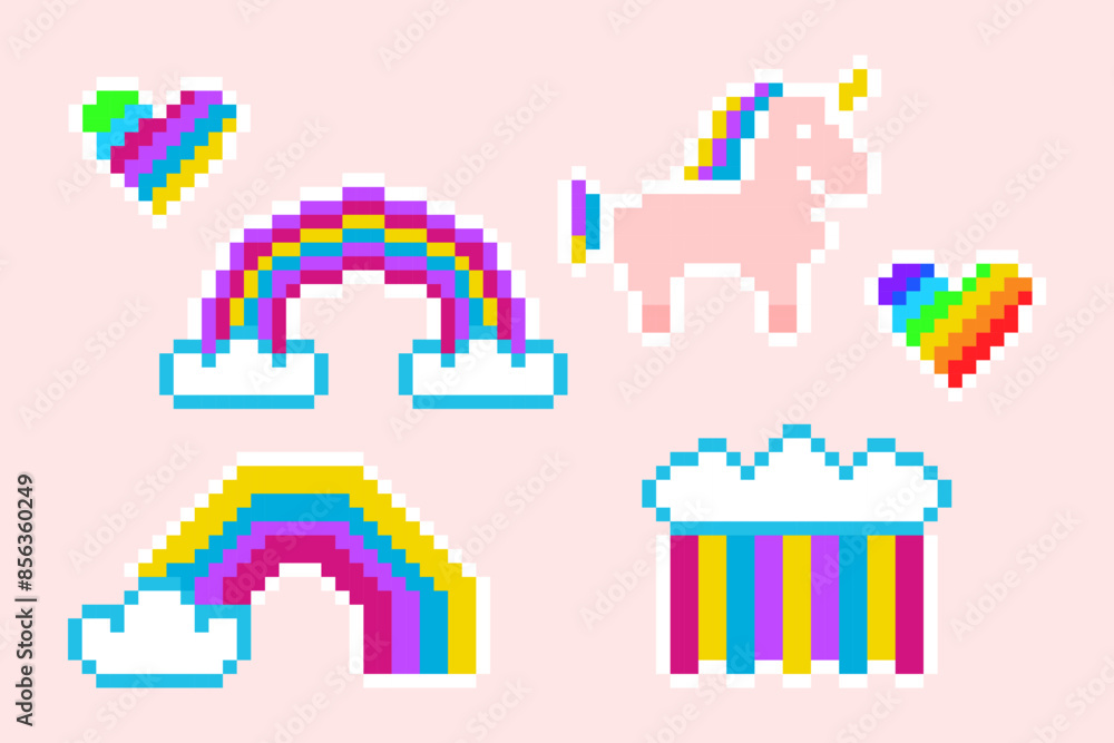 Unicorn icon in retro 8-bit video game. Mythical ponies with rainbow ...