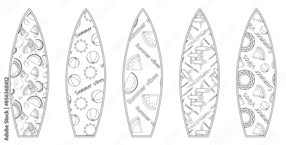 A fun and creative coloring page featuring surfboards with summer ...