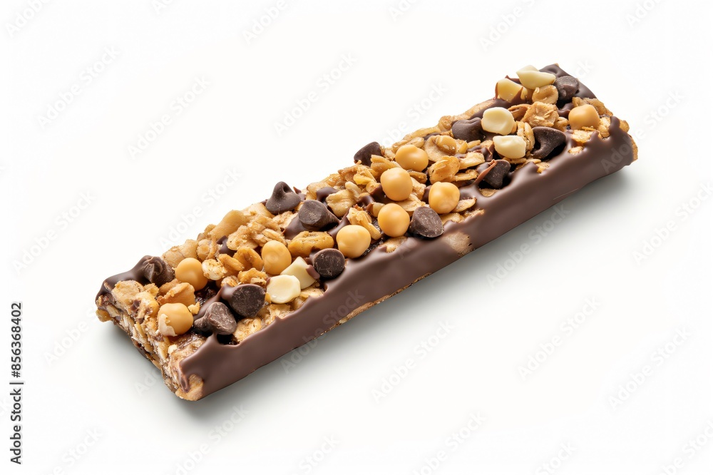 Chocolate coated protein bar with nuts and chocolate chips isolated on ...
