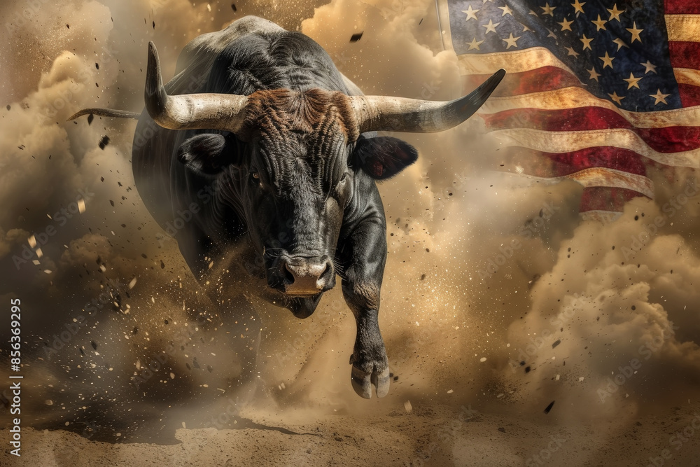 Toro bravo americano negro con grandes cuernos , corriendo salvaje y ...