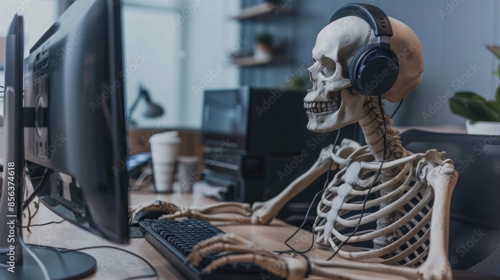 Human skeleton with headphones using computer at workplace Stock Photo ...