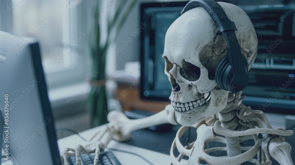 Human skeleton with headphones using computer at workplace Stock Photo ...