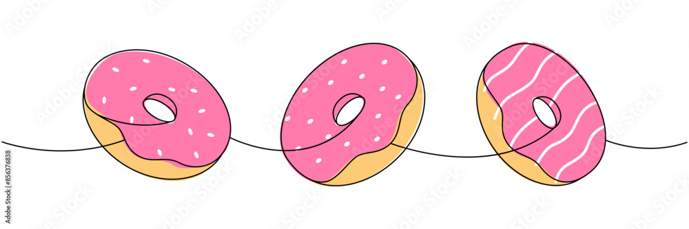 Donut set. Take away donuts one line colored continuous drawing. Bakery ...