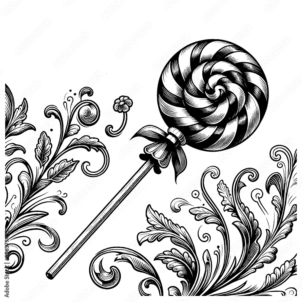 striped candy lollipop in a twisted wrapper sketch engraving generative ...