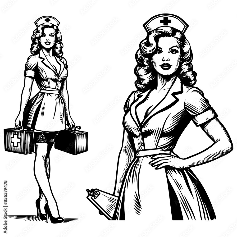 retro nurse in a stylish uniform, featuring playful pose that combines ...