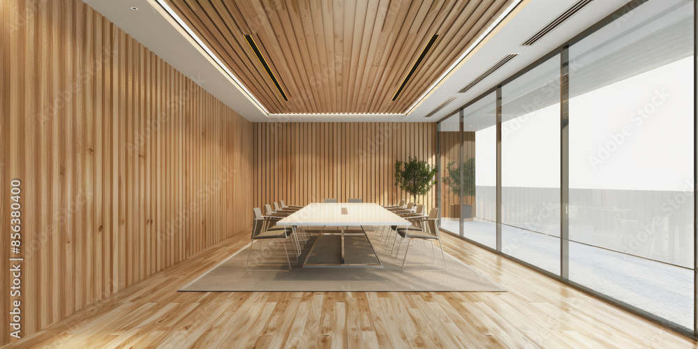Modern conference room with wood paneling and large windows Stock Photo ...