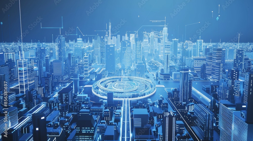 Create a 3D-style smart city scene blue and white scheme, Centered ...