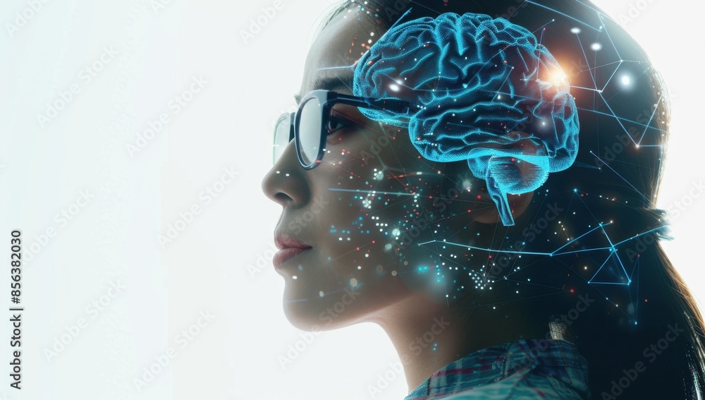 A profile view of an AI developer, with digital brain imagery ...