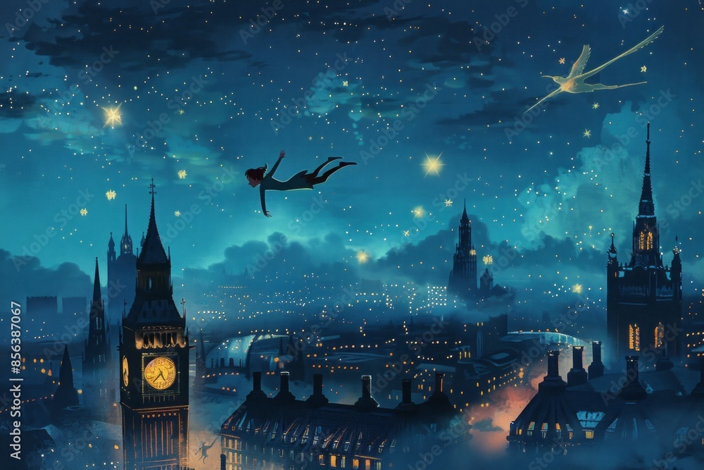 An illustration of Peter Pan flying over the rooftops of London, with ...