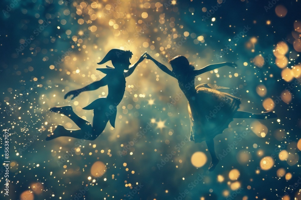 Poster, Foto Peter Pan and Wendy dancing in the air above Neverland, with pixie dust sparklin ...