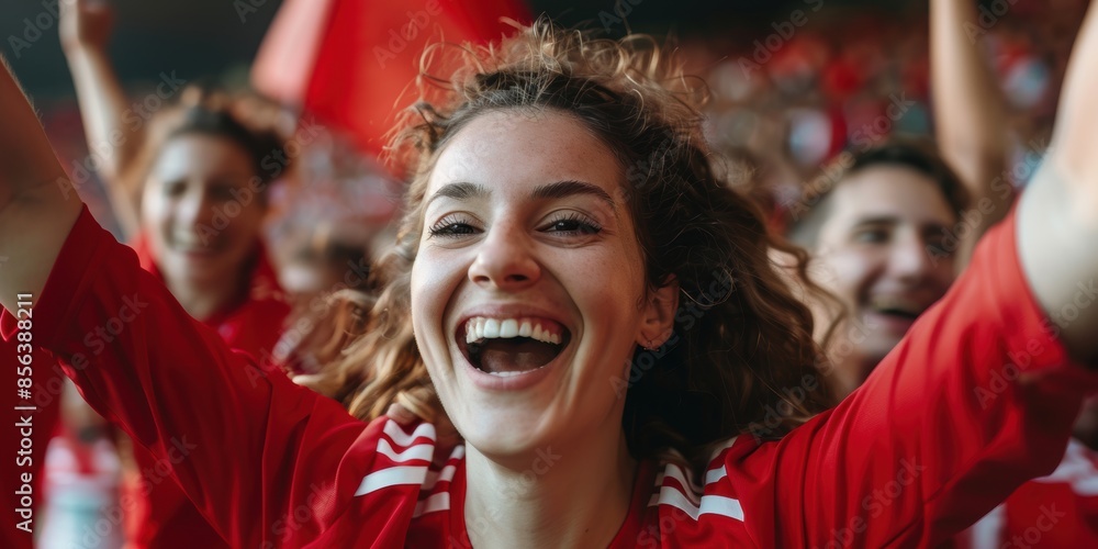 Supporter of football on the field wearing a red and white jersey. Fans ...