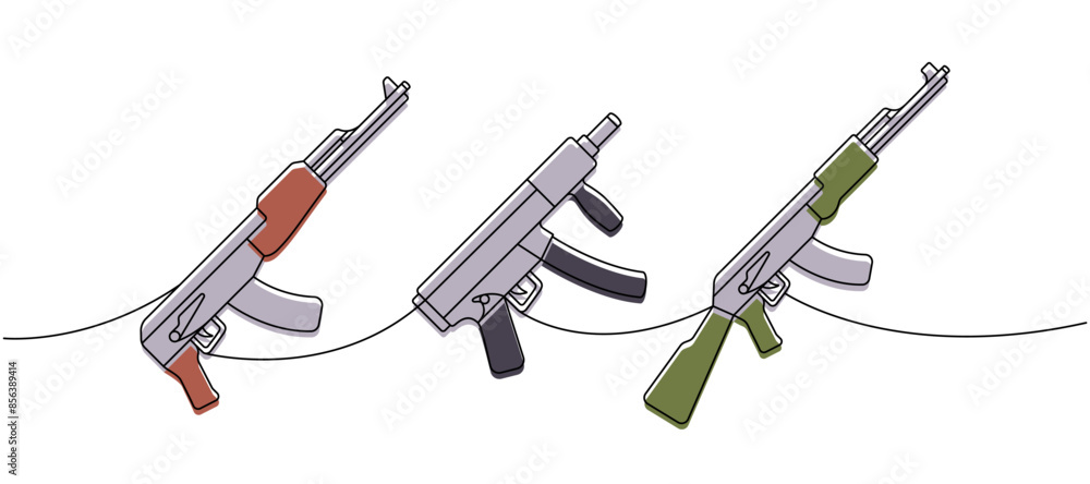 Set of tactical assault rifles one line colored continuous drawing ...