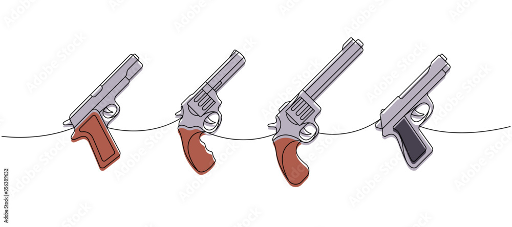 Set of revolvers, pistols one line colored continuous drawing. Various ...