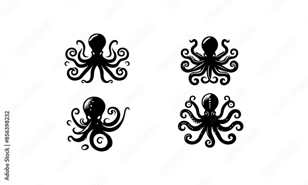 Octopus in black and white logo icon set, Octopus silhouettes set ...