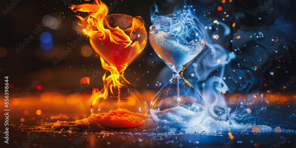 Photo & Art Print Fire and ice hourglass transformation in a dark ...