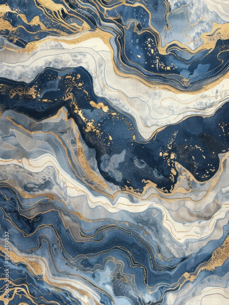 An abstract blue, white, and gold marble pattern carpet with swirling ...