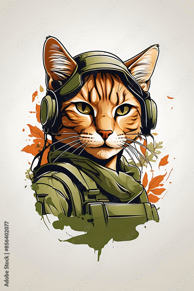 Military-themed cat portrait. This artwork depicts a cat with striking ...