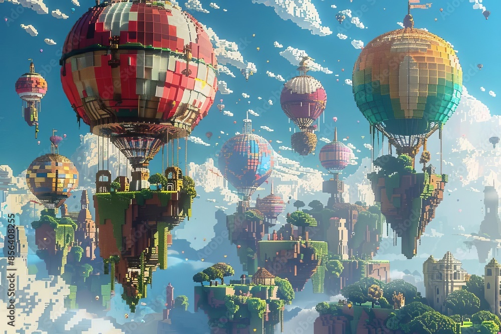 Fantasy pixel art landscape depicting floating islands and hot air ...