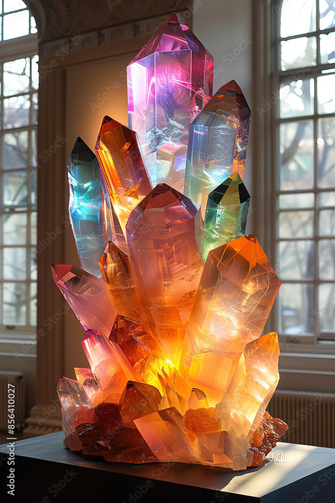 Large cluster of illuminated colorful crystals on display inside a ...